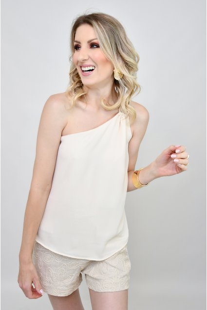 Blusa de Crepe Um Ombro Só com Cordão de Algodão Nádia Creme